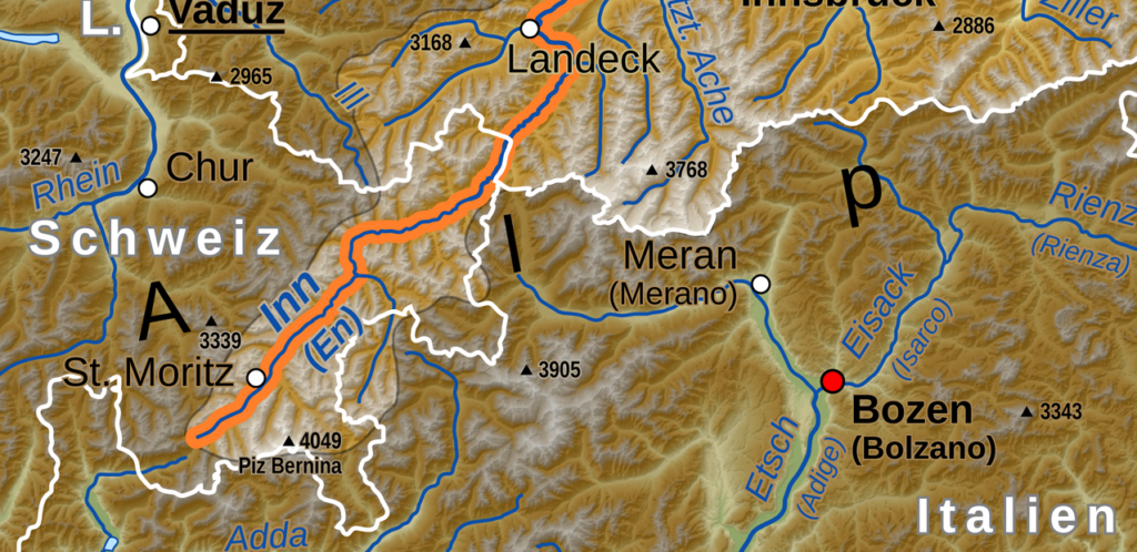 Flussverlauf des Inn und der Donau bis zur Innbacheinmündung – Die Alpen