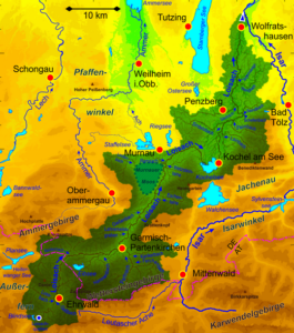 Flussverlauf der Isar und der Donau bis zur Inneinmündung – Die Alpen